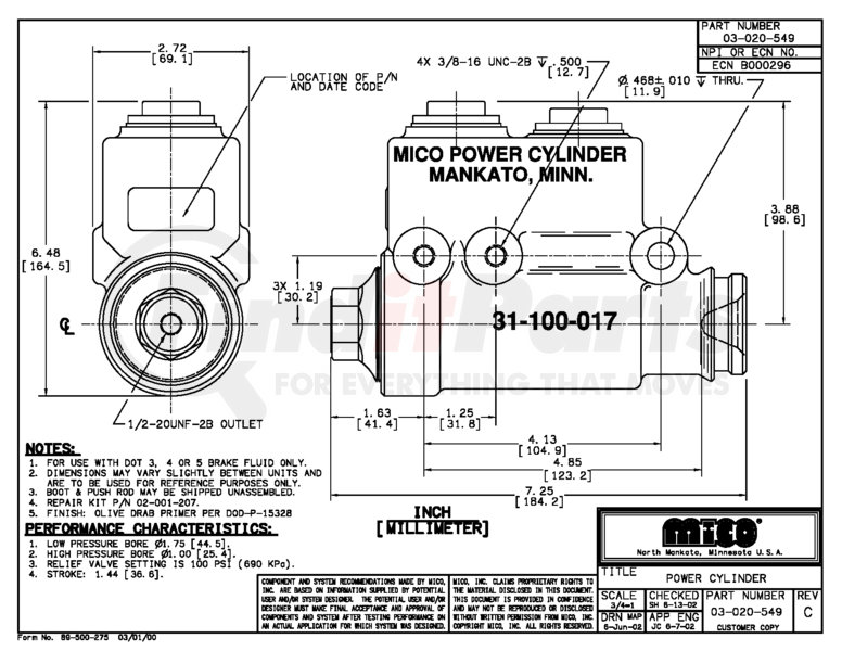 03-020-549 by MICO - POWER CYLINDER (Please allow 7 days for handling ...